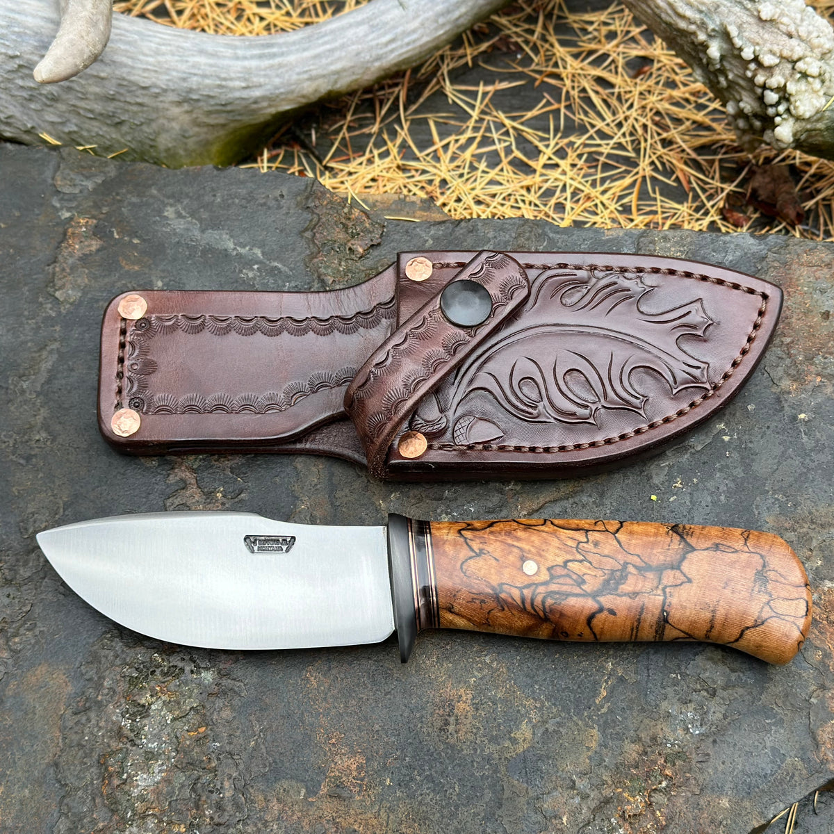 Spalted Maple & Big Horn Sheep Canoe Knife with Oak Leaf Themed Belt S ...